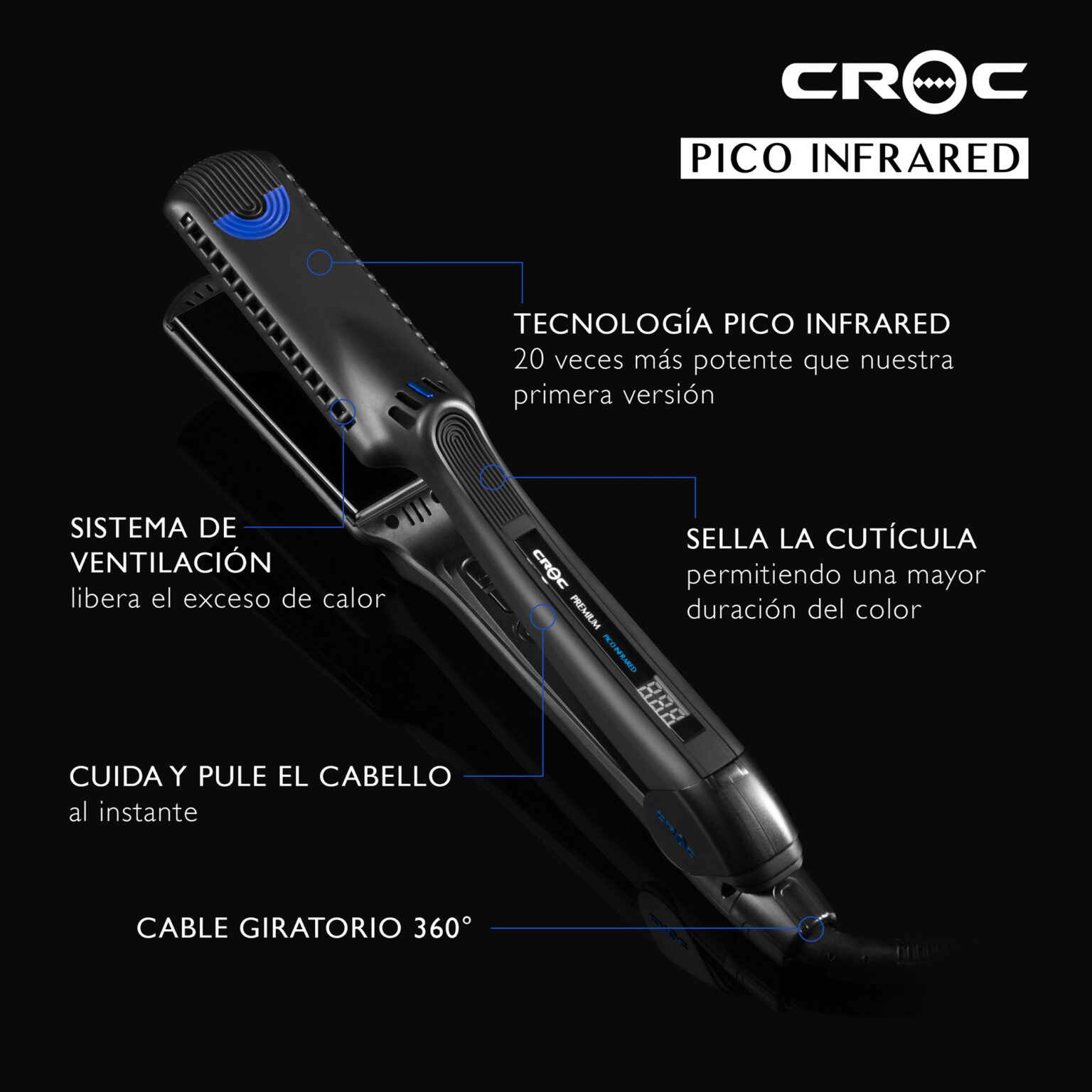 Plancha Croc PREMIUM PICO INFRARED 1,5″ negro titanio – Natura Beauty ...